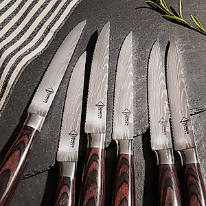 SENKEN Professional Steak Knife Set with Damascus Pattern - Razor Sharp Serrated Stainless Steel & Wood Handle (Steak Knives Set of 6)