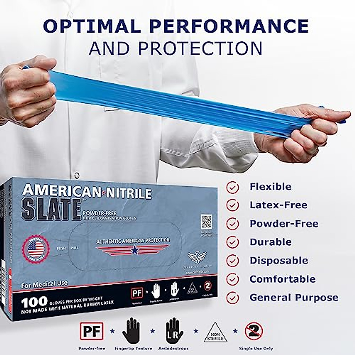 American Nitrile – Slate Powder Free Nitrile Gloves – Latex Free Disposable Gloves – Medical, Mechanic, Esthetician, Tattoo Artist– Made in the USA