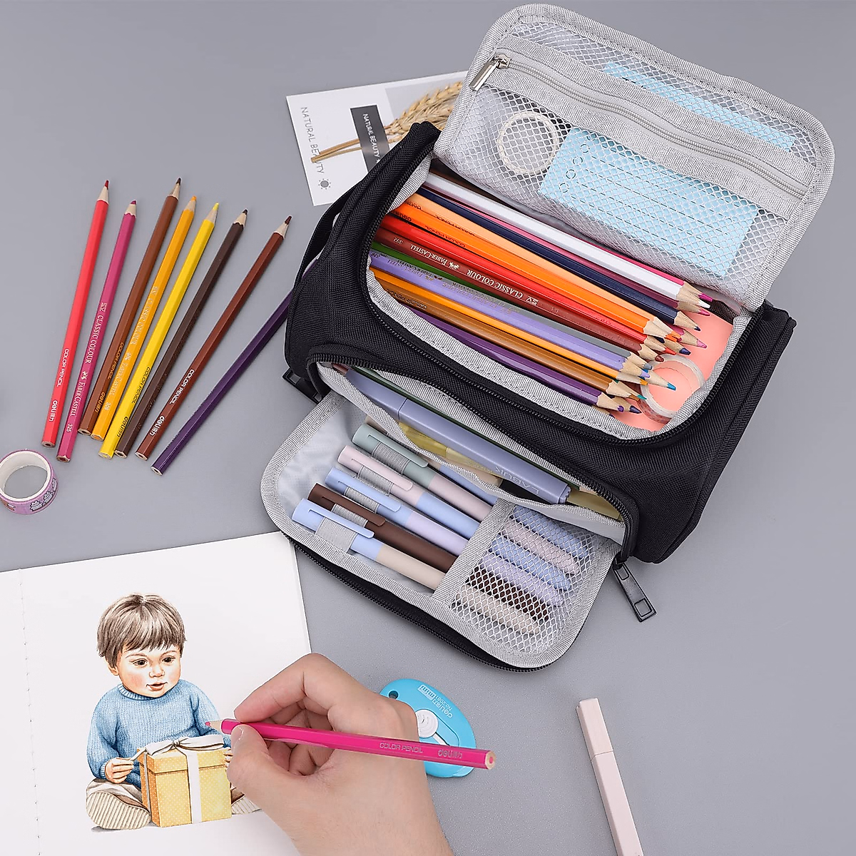 LABUK Pencil Case, Black Big Capacity Pencil Pouch, Stationery Bag School College Office Organizer for Teens Girls Men Women Adults Students Preppy