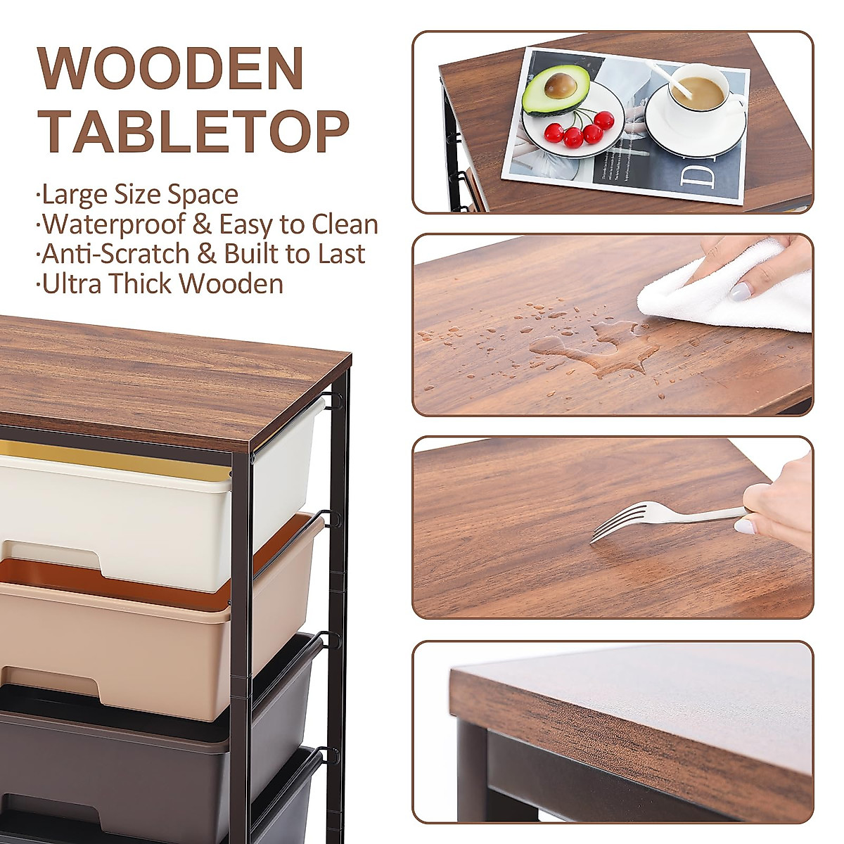 TOOLF Utility Cart with Drawers and Wooden Tabletop,4 Drawers Rolling Storage Cart,Arts and Crafts Organizer Storage Cart for Bedroom,Kid's Room,Dorm,Classroom,Office,Brown