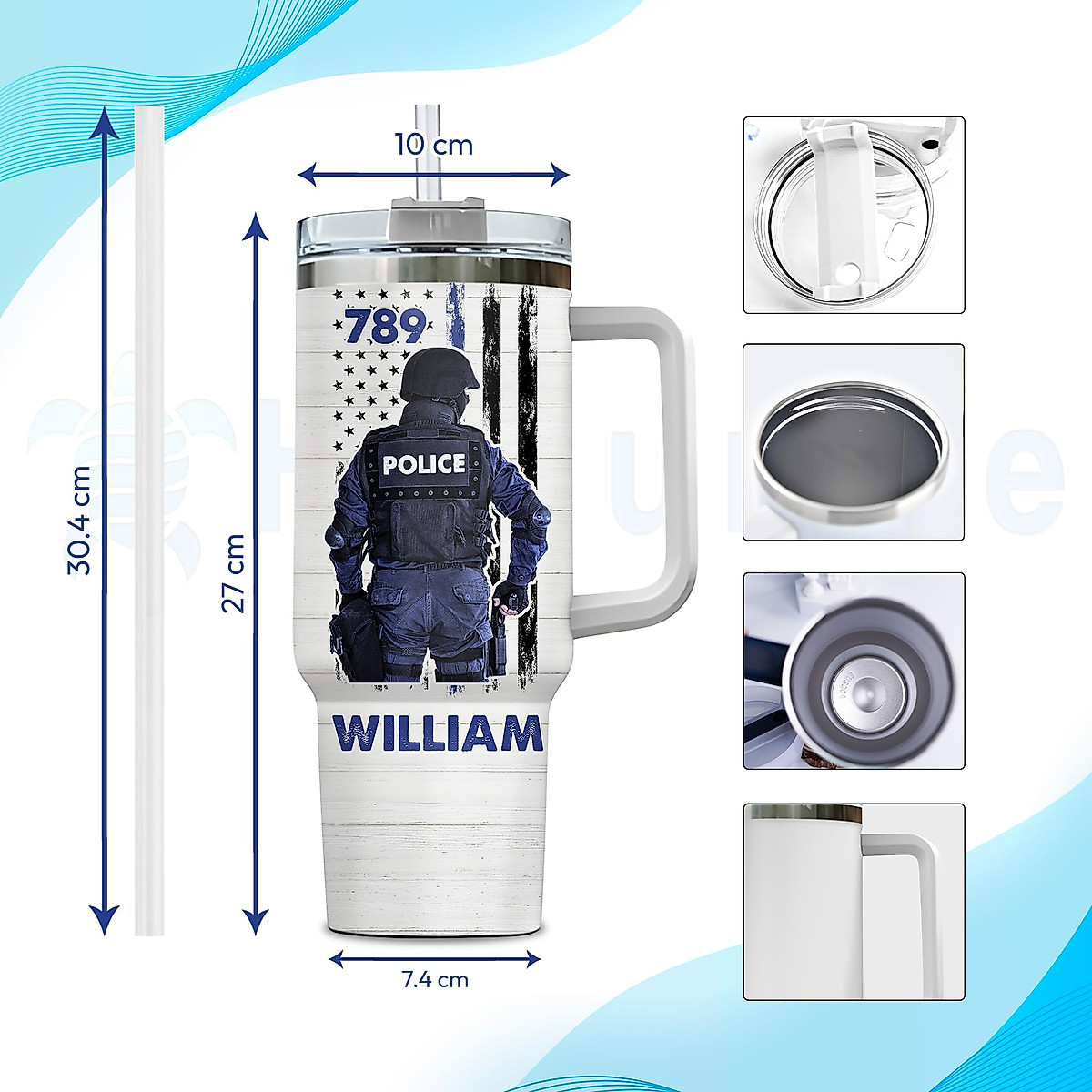 Hyturtle Personalized Police Tumbler Custom Name and Number Thin Blue Line Gifts For Men Police Officer 40 Oz Tumbler With Lid And Straw Birthday Christmas Stuff For Police Officers