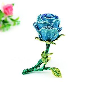 Wowagoga Mini Enamel Rose Hinged Trinket Box Rose Ring Box Small Bling Treasure Box Red Jewelry Box for Proposal Gift Home Décor, Rose Series,Blue