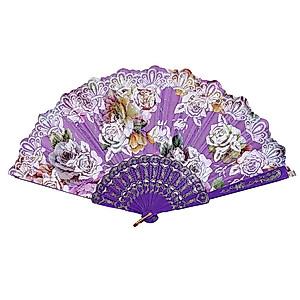 Xiaofeng214 Portable Best Chinese Style Dance Wedding Party Lace Silk Folding Hand Held Flower Fan Home Decoration Vintage Chinese Fans Wind (Color : Purple)