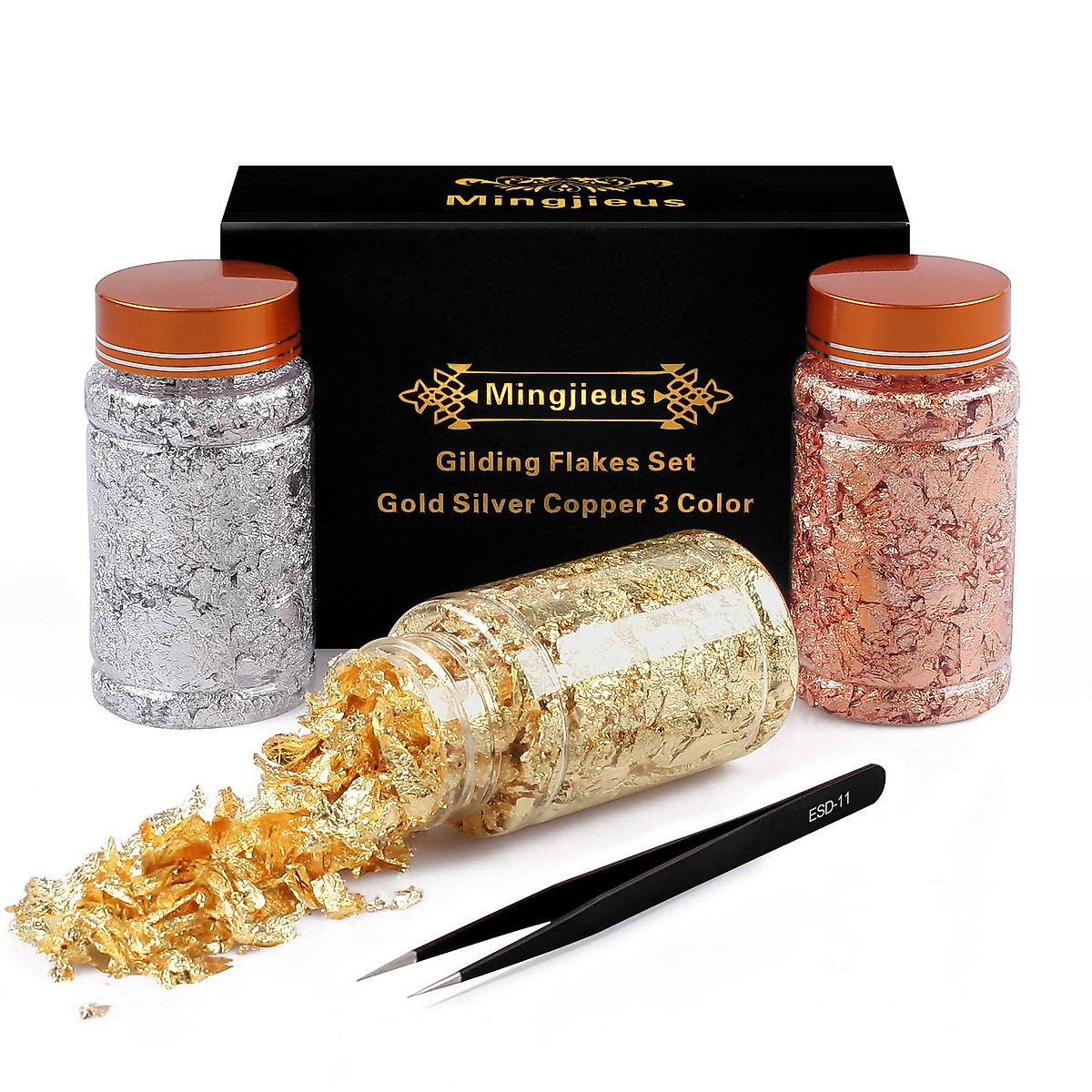 Gilding Flakes Set,Gold Foil Flakes for Resin,3 Bottles Metallic Foil Flakes for Resin Jewelry Making,Nails,Painting Art,Crafts and Slime(Gold, Silver, Copper Colors)