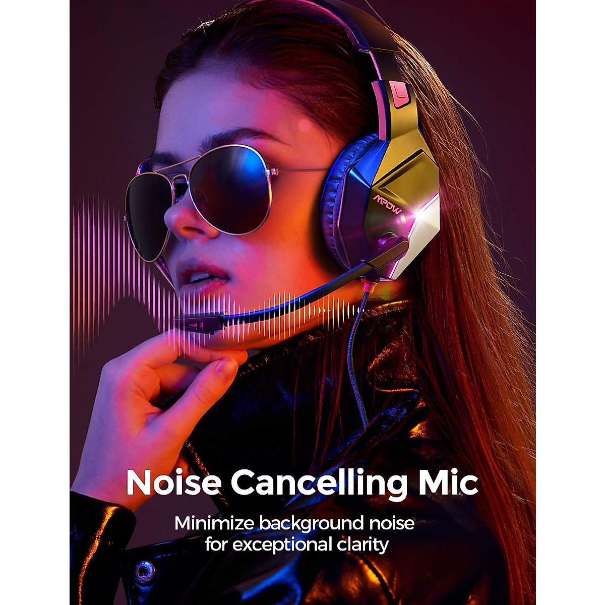 MW ACC CA Gaming Headset Pink for PS4, PS5, PC, Xbox One, Over Ear Headphones with Noise Cancelling Mic, PC Headset with Bass Surround Sound, LED Light, for Laptop Mac Switch, Girls, Kids