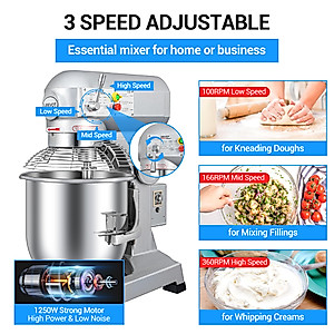 LEEVOT 30Qt 1250W Commercial Food Mixer, Commercial mixer 3-Speed Adjustable Heavy Duty Stand Mixer with Stainless Steel Bowl for Bakery Pizzeria.