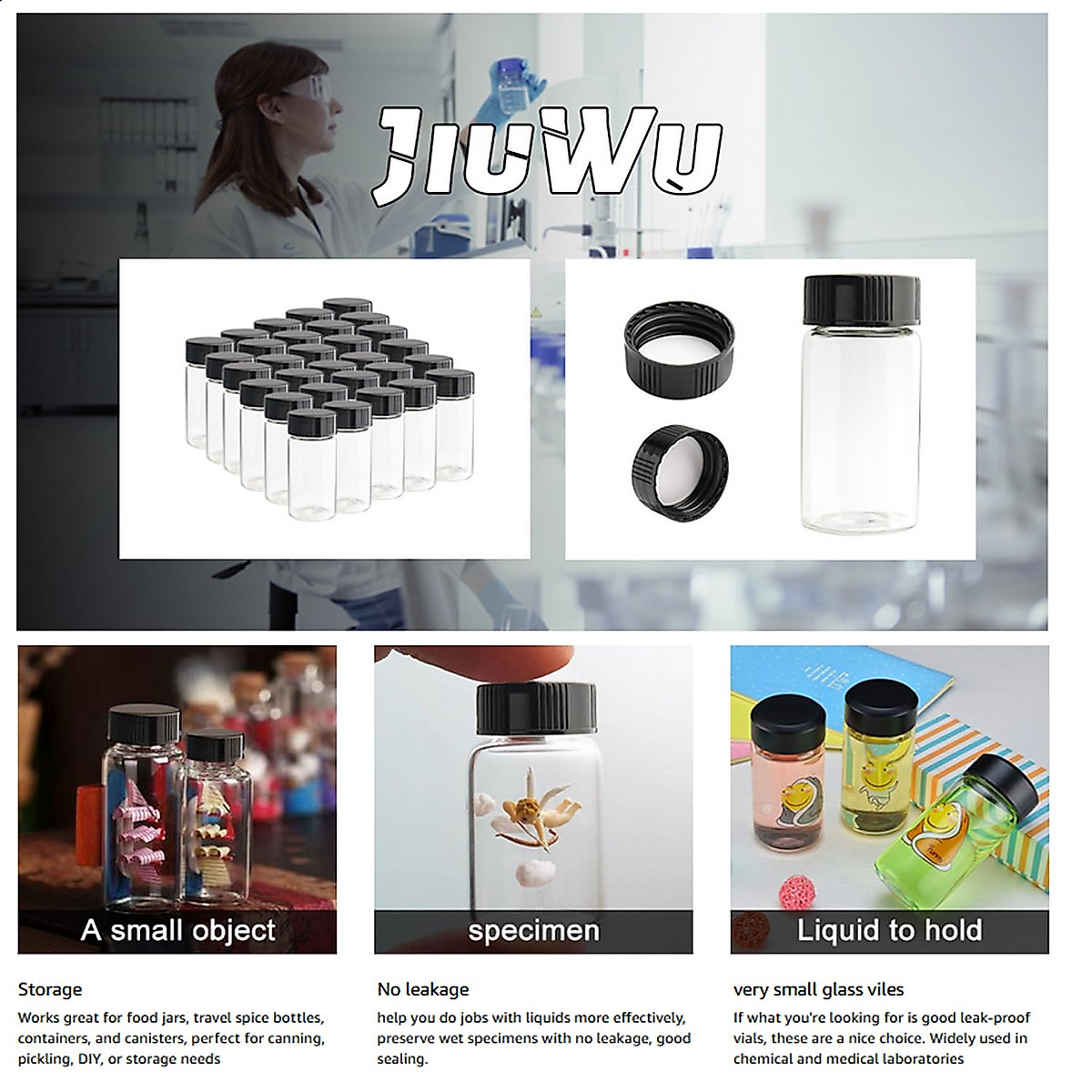 JIUWU 15ml (1/2 Oz) Clear Glass Sample Vials, 42pcs Liquid Transparent Bottles Lab Screwcap Capacity Travel Container