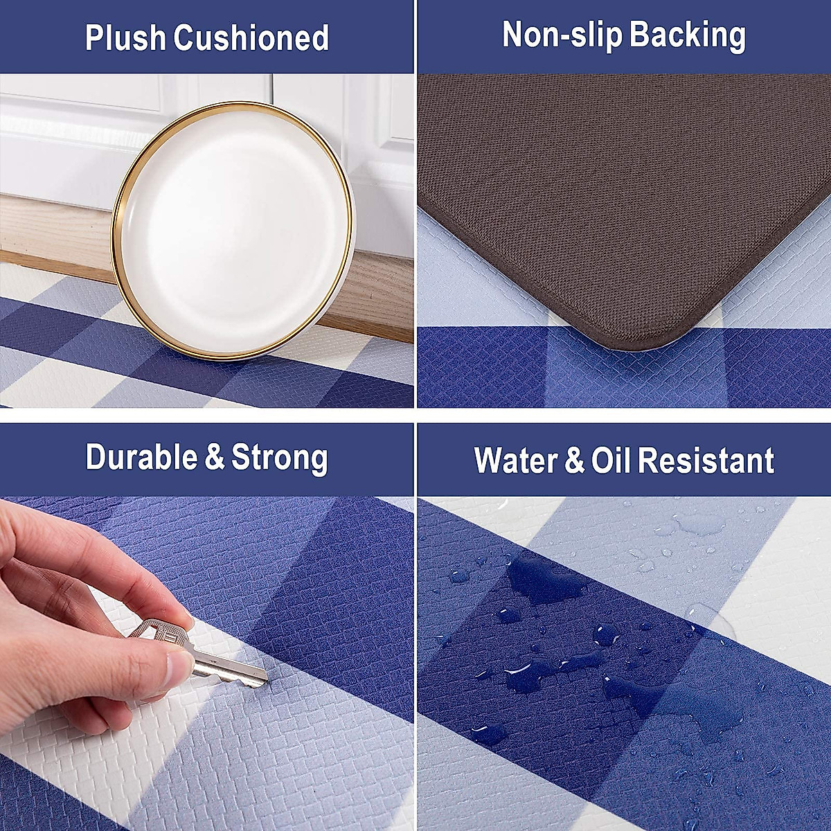 Carvapet Buffalo Plaid Kitchen Mat 2 PCS Cushioned Anti-Fatigue Kitchen Rug Waterproof Non-Slip PVC Ergonomic Comfort Standing Foam Mats for Office Laundry, Blue&White, 17.3''x27.5''+17.3''x47.2''