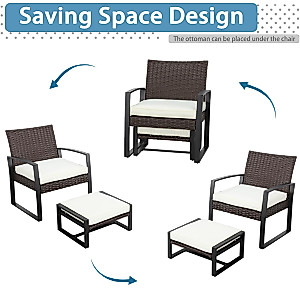 ARTLOFT 5 Pieces Patio Bistro Set, Outdoor Wicker Furniture Set Modern Rattan Patio Chairs with Side Table & Ottomans, Patio Conversation Sets for Balcony, Apartment, Porch, Garden (White)