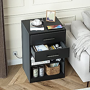 Irontar Nightstands Set of 2, Night Stand with Charging Station, Bedside Table with Removable Shelf, End Table with Open Storage, 2 Drawers Small Dresser for Bedroom, Black BZZ001BE02