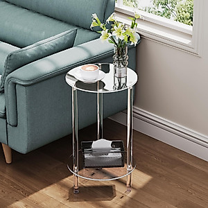 Bkemiy Clear Round Acrylic Side Table for Small Spaces, 11.81" L x 11.81" W x 19.82" H, 2 Tier Small Modern Drink End Table Nightstand, Minimalist Bedside Table for Living Room, Bedroom, Bathroom