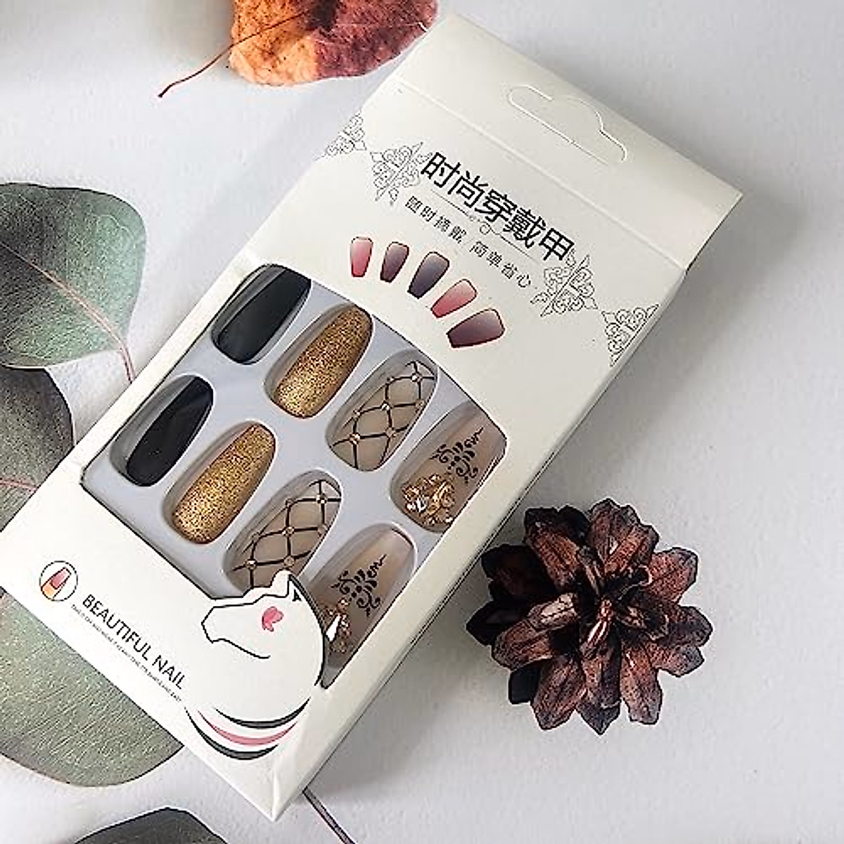 24Pcs Medium Press on Nails, Artificial Acrylic Fake Nails with Golden Rhinestones Designs, Full Cover Reusable Coffin Black Grid False Nails, Glue on Nails for Women Set, Stick on Nails for Nail Art