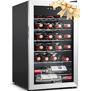 AAOBOSI Wine Fridge, 24 Bottle Wine Cooler 46-66℉ Beverage Wine Refrigerator, Glass Door Free Standing Mini Wine Cellar with Adjustable Shelves and Temperature Memory for Bar, Home, Condo