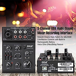 Pyle 3 Channel DJ Controller - USB Mixer Sound Audio Recording Interface with XLR & 3.5 mm Microphone Jack, Line In RCA, Rechargeable Battery, Mix Monitoring, For Professional/ Beginners - PAD15MXU