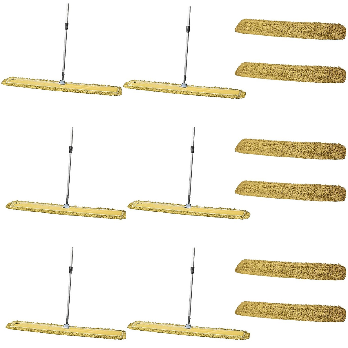 48 Inch Yellow Dust Mop with Metal Handle and 48 Inch Dust Mop Refill Bundle - 6 Mop Sets and 6 Refills