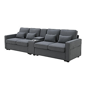 LUMISOL 4 Seater Upholstered Sofa for Living Room, Modern Multifunctional Sofa with Storageable Coffee Table and 2 Cupholders, Linen Fabric Couches with 2 USB Ports Wired or Wirelessly Charged
