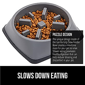Gorilla Grip Slip Resistant Slow Feeder, 4 Cups, Cat and Dog Bowl, Slows Down Pets Eating, Prevent Overeating, Feed Small, Large Pets, Fun Puzzle Design, Dogs Cats Bowls for Dry and Wet Food, Gray