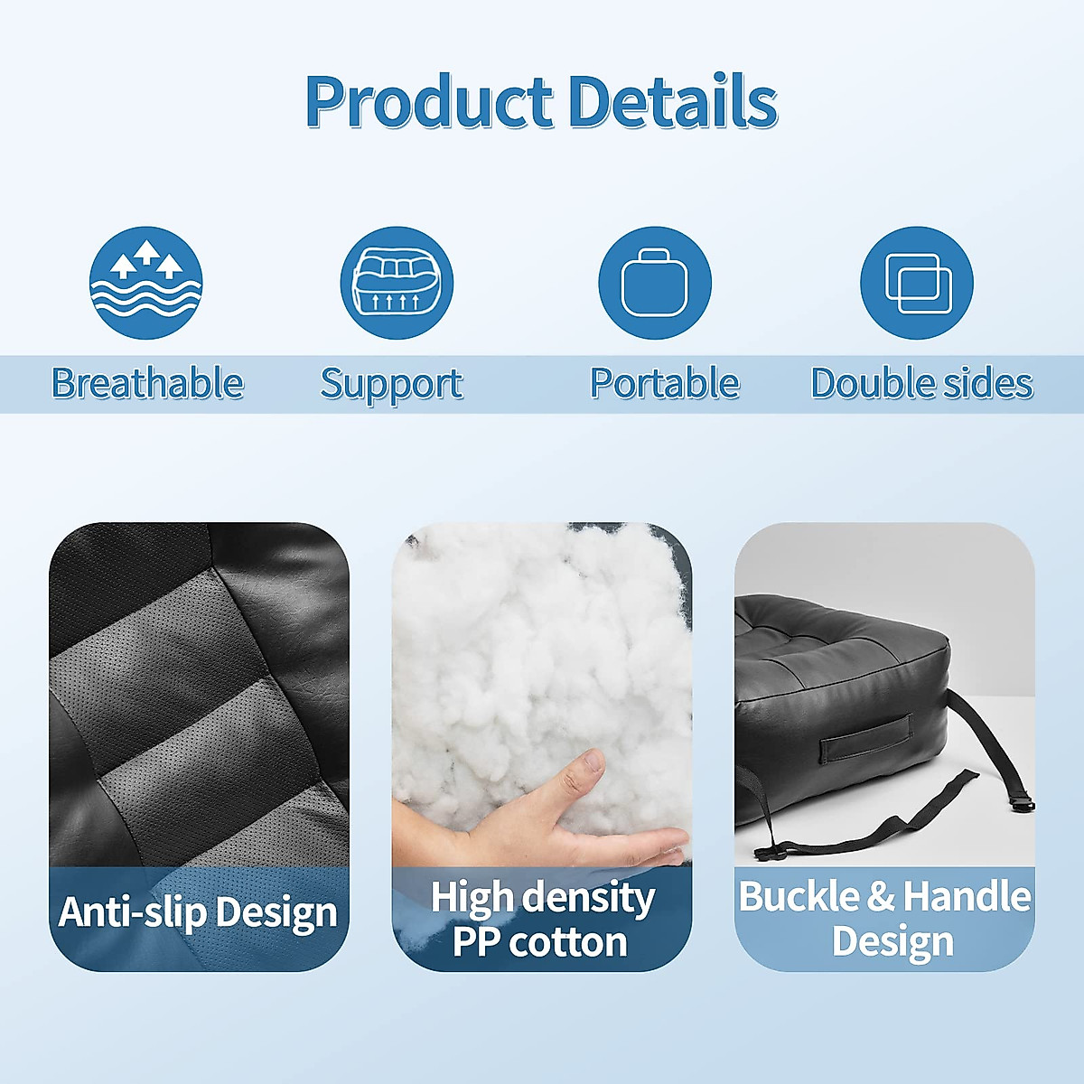 YOUFi Leather Seat Cushion Extra-Thick Booster - Perfect for Office Chair to Rise Height - Full Filling for Support - with Breathable Cover, Handle and Buckle - Relieves Back Pain – 18"x16"x6"