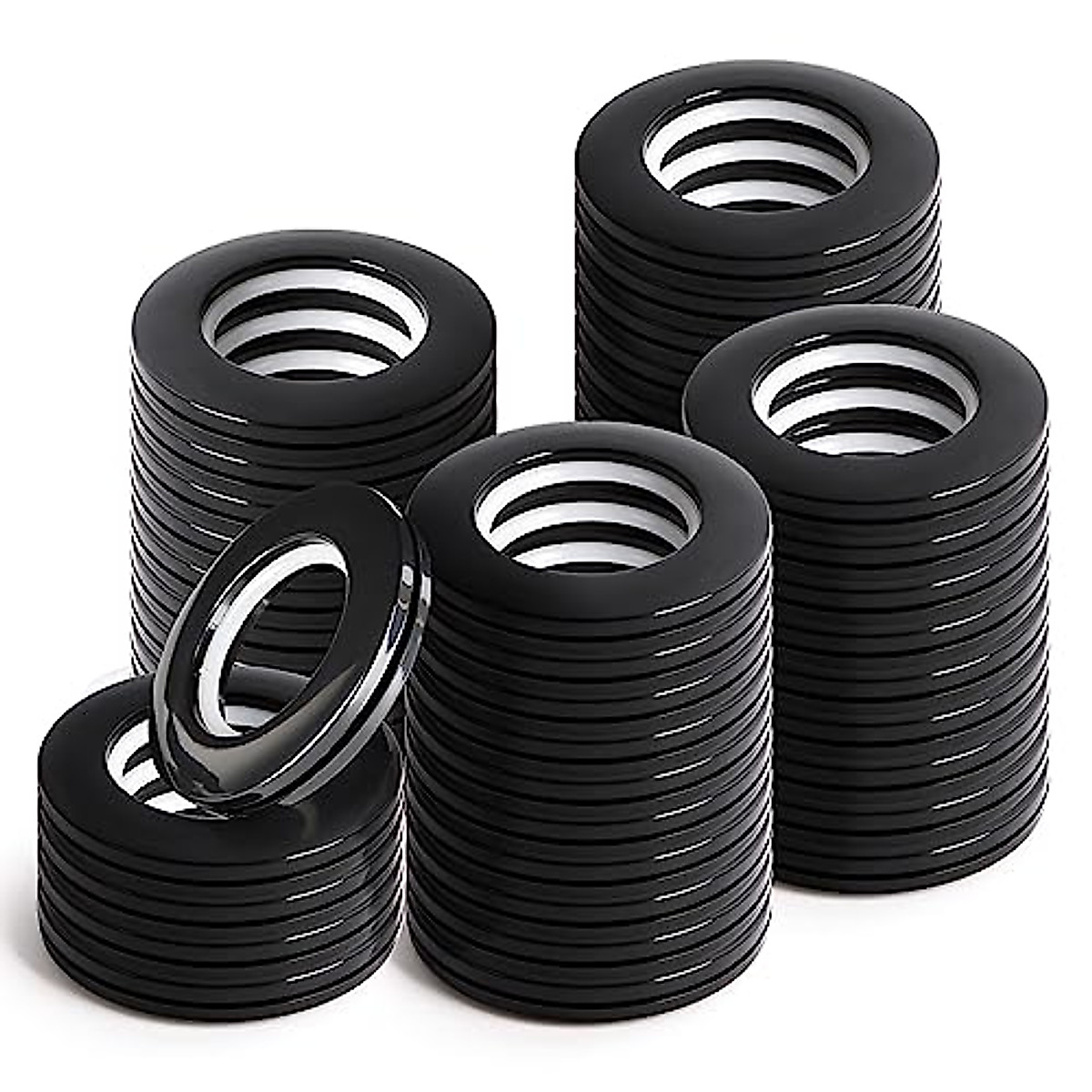 WCIC 48 PCS Curtain Grommets 40mm Roman Ring Inner Diameter (1-9/16") Nanoscale Low Noise Shower Curtain Rings for Curtain Rod Plastic Curtain Grommet Kit Black