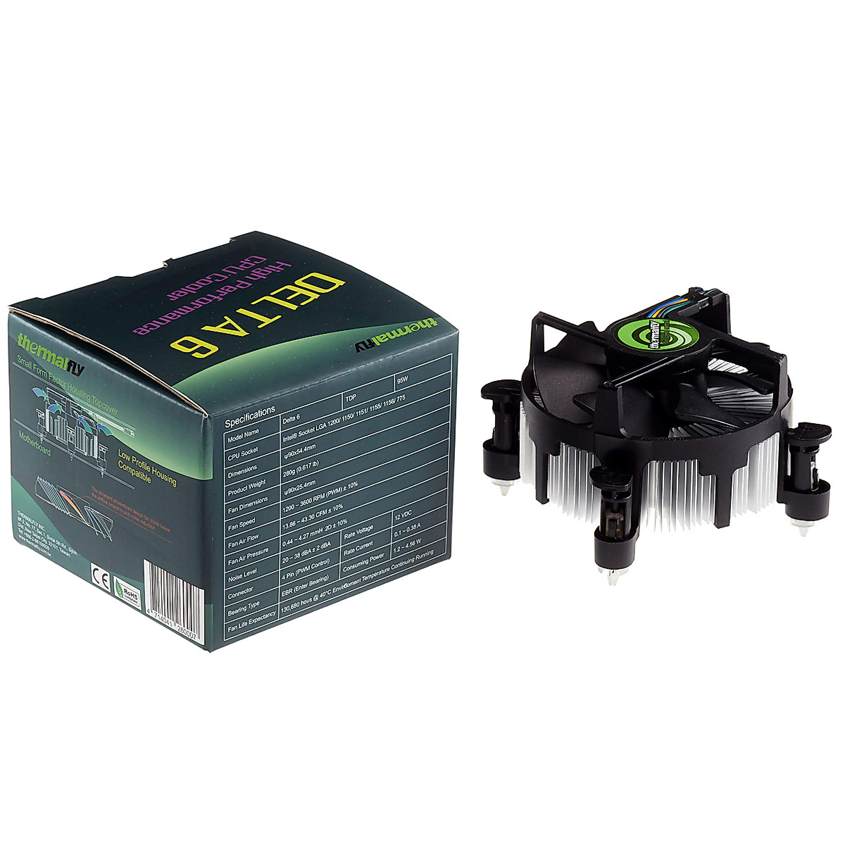 ThermalFly Delta 6 CPU Cooler for Intel Sockets LGA1200/LGA775/LGA1150/LGA1151/LGA1155/LGA1156, 90mm 4Pin PWM Fan, up to 100W Cooling Power, Pre-Applied High Performance Grease, for Desktop Computer