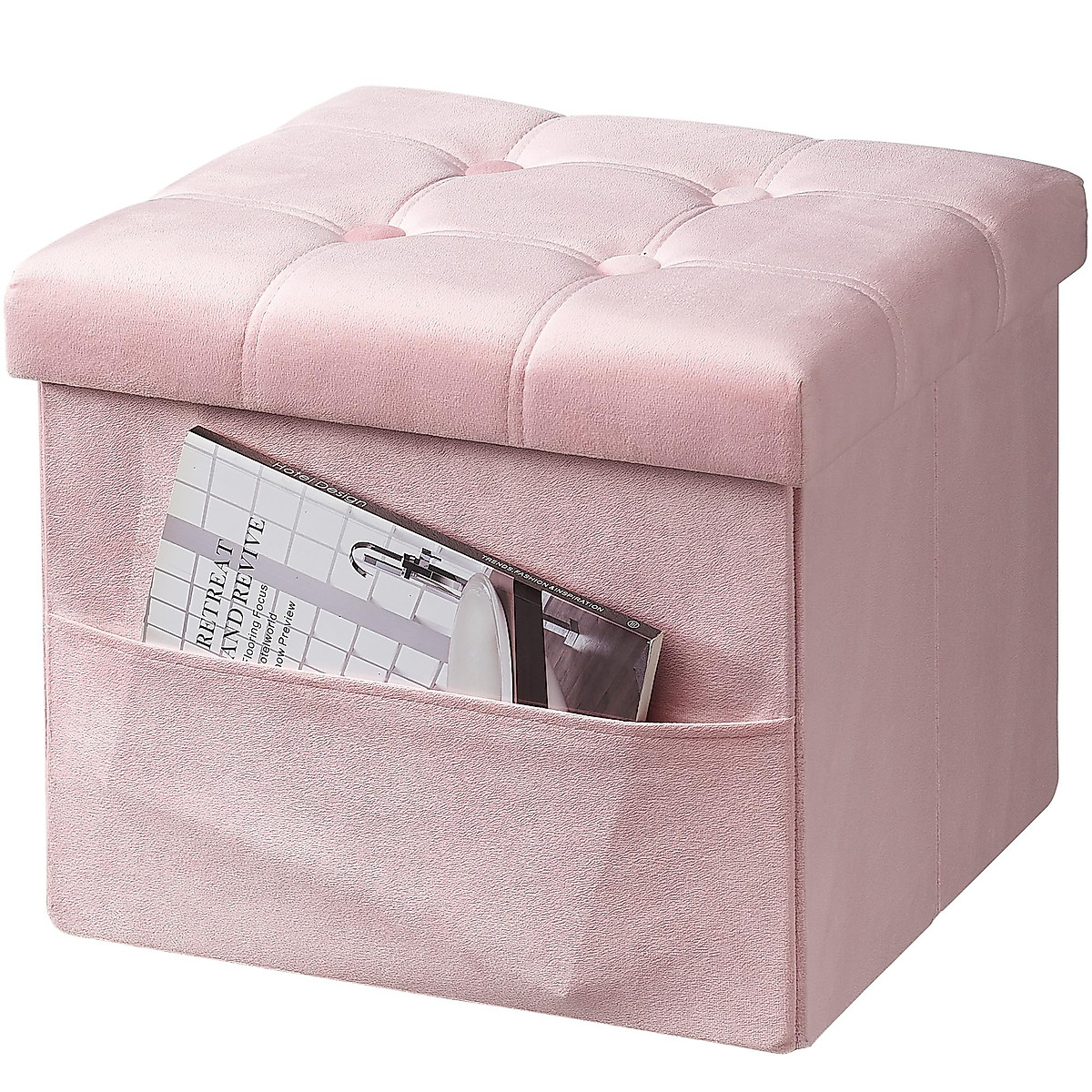 Storage Ottoman Foot Stool, 17 inches Folding Ottoman with Storage, Velvet Storage Bench with Side Pocket, Foot Rest for Living Room, Bedroom, Pink