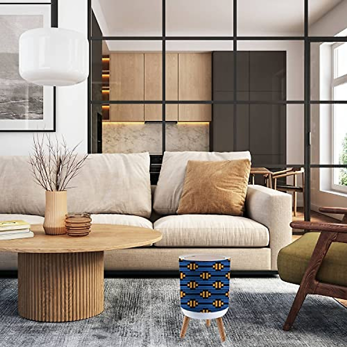 Trash Can with Lid Ethnic Motif Handdrawn Print Paint Brush Strokes Geometric Seamless Wood Small Garbage Bin Waste Bin for Kitchen Bathroom Bedroom Press Cover Wastebasket 7L/1.8 Gallon