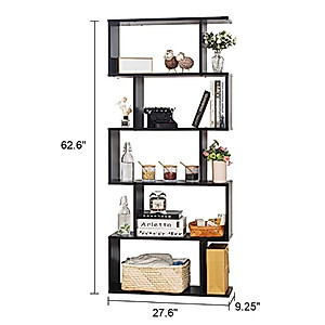 TinyTimes 5-Tier Wooden Bookcase, S-Shape Display Shelf and Room Divider, Freestanding Decorative Storage Shelving, 63'' Tall Bookshelf -Black