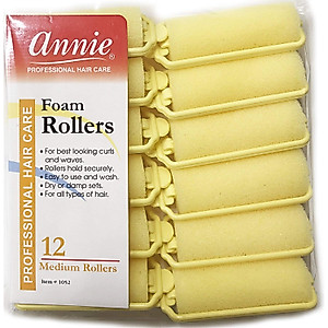 Annie Salon Style Medium Foam Hair Rollers - 7/8" Yellow - 12 Piece Set - Soft Heat-less Hair Curling Tools