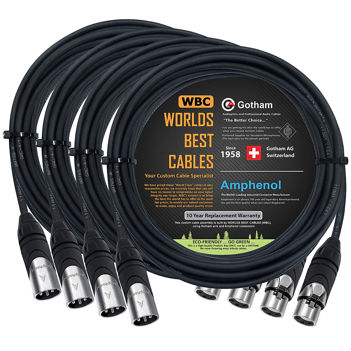 WORLDS BEST CABLES 4 Units - 25 Foot - Gotham GAC-4/1 (Black) - Star Quad, Dual Shielded Balanced Male to Female Microphone Cables with Amphenol AX3M & AX3F Silver XLR Connectors - CUSTOM MADE