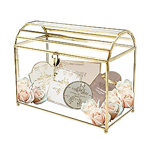 HighFree Glass Wedding Card Box with Slot & Lock, Handmade Copper Geometric Terrarium, Clear Display Box for Wedding Reception, Wishwell, Keepsake Gold (12.2inch)