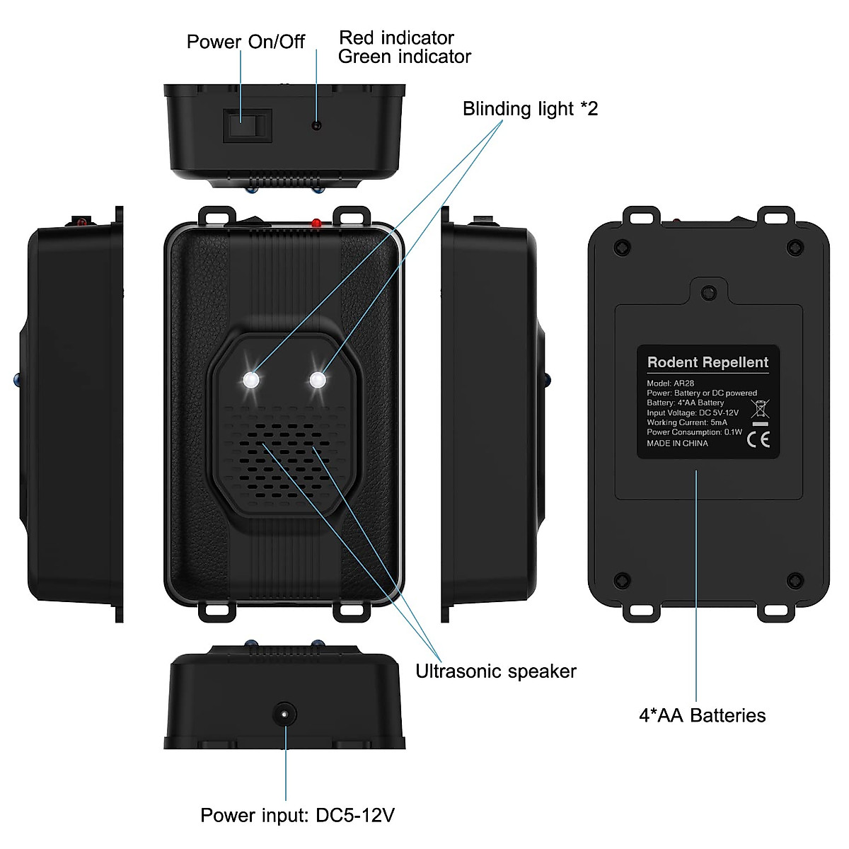 Ultrasonic Rodents Repellent for Cars and Indoor 2 Packs, Battery Operated Under Hood Rodent Repeller to Protect Wires,Humane Alternative Ultrasonic Mouse Repellent with LED