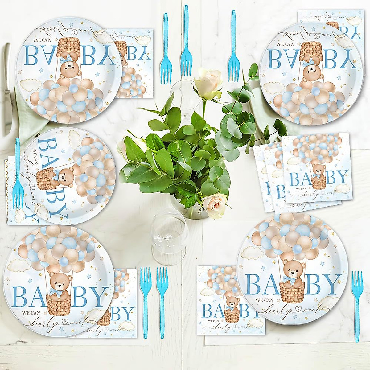 Fitumiw 96Pcs Blue Bear Baby Shower Party Tableware Supplies Bear Plates and Napkins We Can Bearly Wait Party Set Baby Shower Party Decorations for Boy Serve 24 Guests