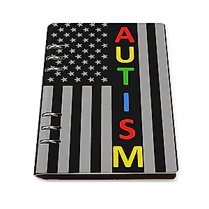 Autism Awareness Puzzle USA Flag Notebook Cover 6-Ring Binder Portable Planner Book Loose-Leaf Cover for Home Office