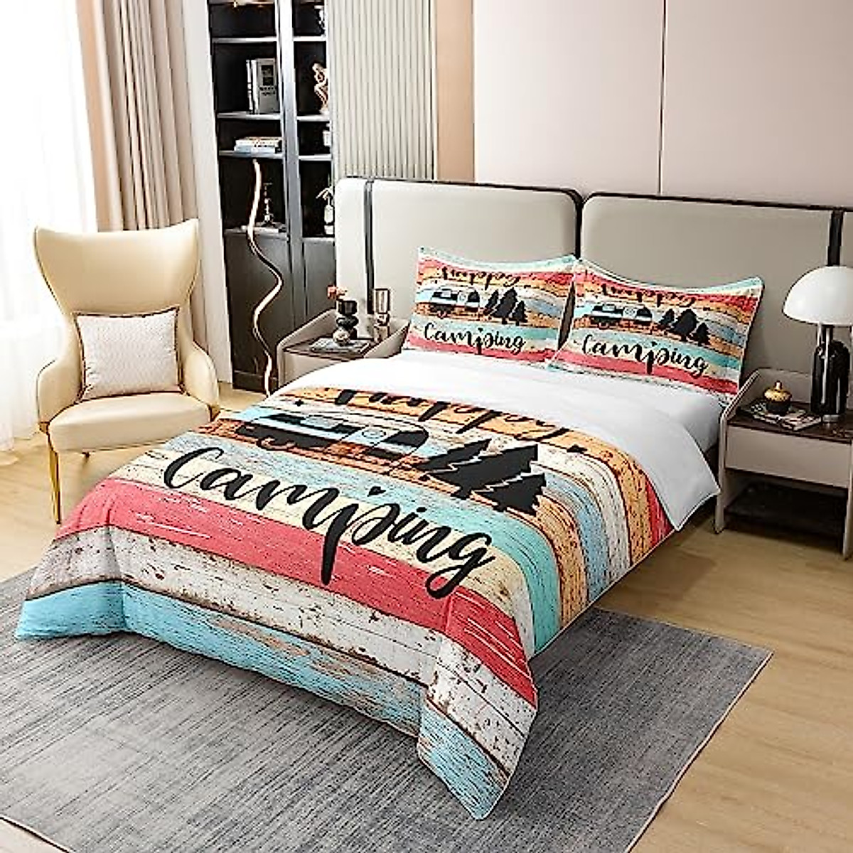 100% Cotton Happy Camping Duvet Cover Queen RV Camper Trailer Bedding Set for Boys Girls Bedroom Farmhouse Style Wooden Stripes Comforter Cover Red Blue Soft Breathable Quilt Cover