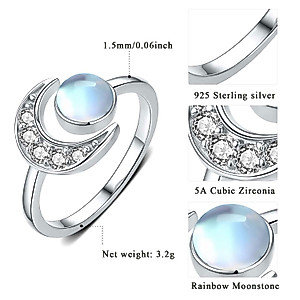 CUOKA MIRACLE Moon Ring, S925 Sterling Silver Crescent Moon Ring Synthetic Moonstone Open Ring Adjustable Ring Gift for Women (Blue)
