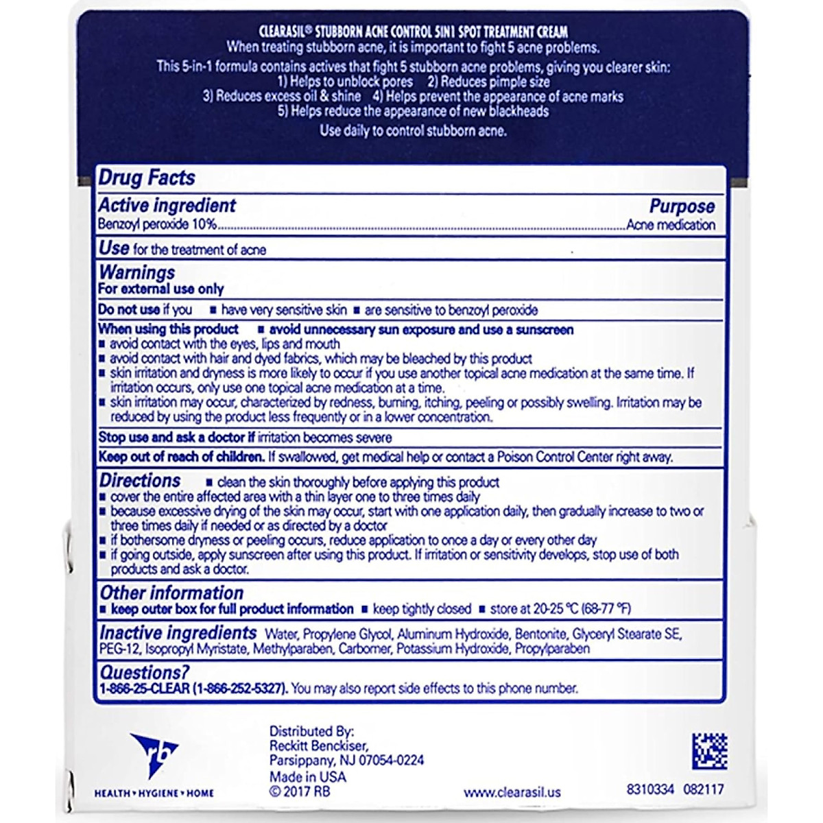Clearasil Stubborn Acne Control 5in1 Spot Treatment Cream, Maximum Strength, Benzoyl Peroxide Acne Medication, Fights Blocked Pores, Pimple Size, Excess Oil, Acne Marks & Blackheads, 1 oz (Pack of 4)