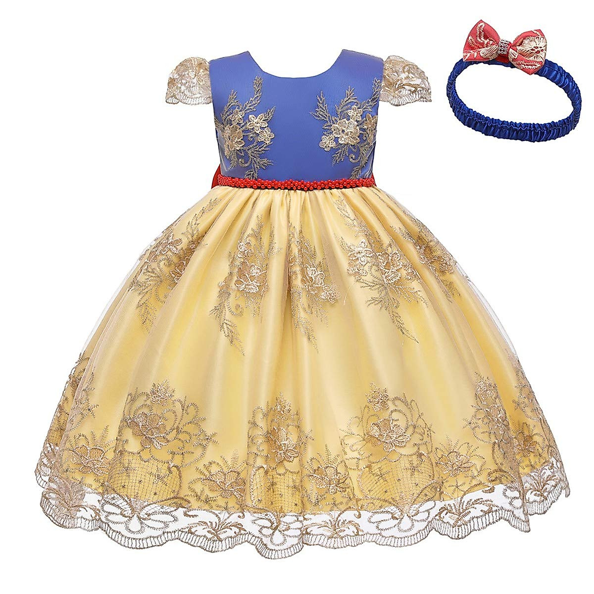 HOIZOSG Baby Girls Christening Dress Snow White Birthday Party Prom Embroidered Lace Baptism Bowknot Tutu Gown w/Headwear Yellow