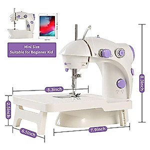 Mini Sewing Machine with DIY Materials for Beginner Kid, Enjoylf Portable Sewing Machine with Extension Table,Lamp,Cutter and Foot Pedal 2-Speed 2-Thread