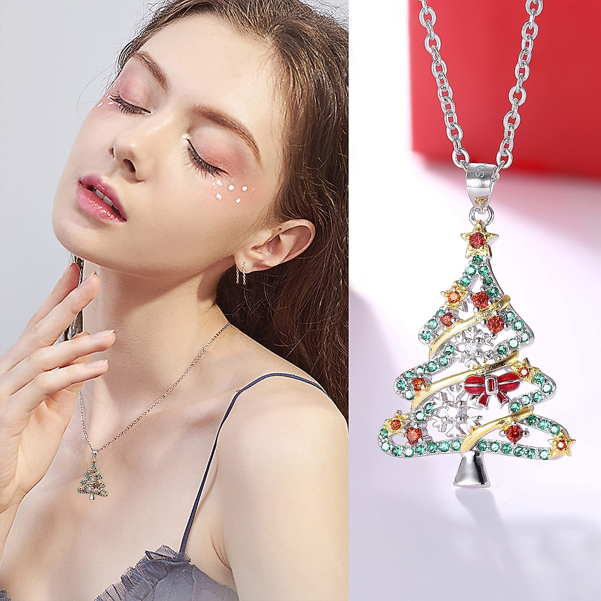 MUSECLOUD Christmas Necklace 925 Sterling Silver Christmas Tree Necklace For Women White Gold Plated Christmas Tree Pendant Christmas Jewelry Gift (Silver)
