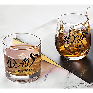 Pregnancy Gifts for First Time Moms – Mom and Dad Est 2024 11 oz Whiskey Glass Gift Set with Romper (0-3 Months) and Baby Socks ​- Top New Parents Gifts for Mom and Dad to Be - Baby Shower