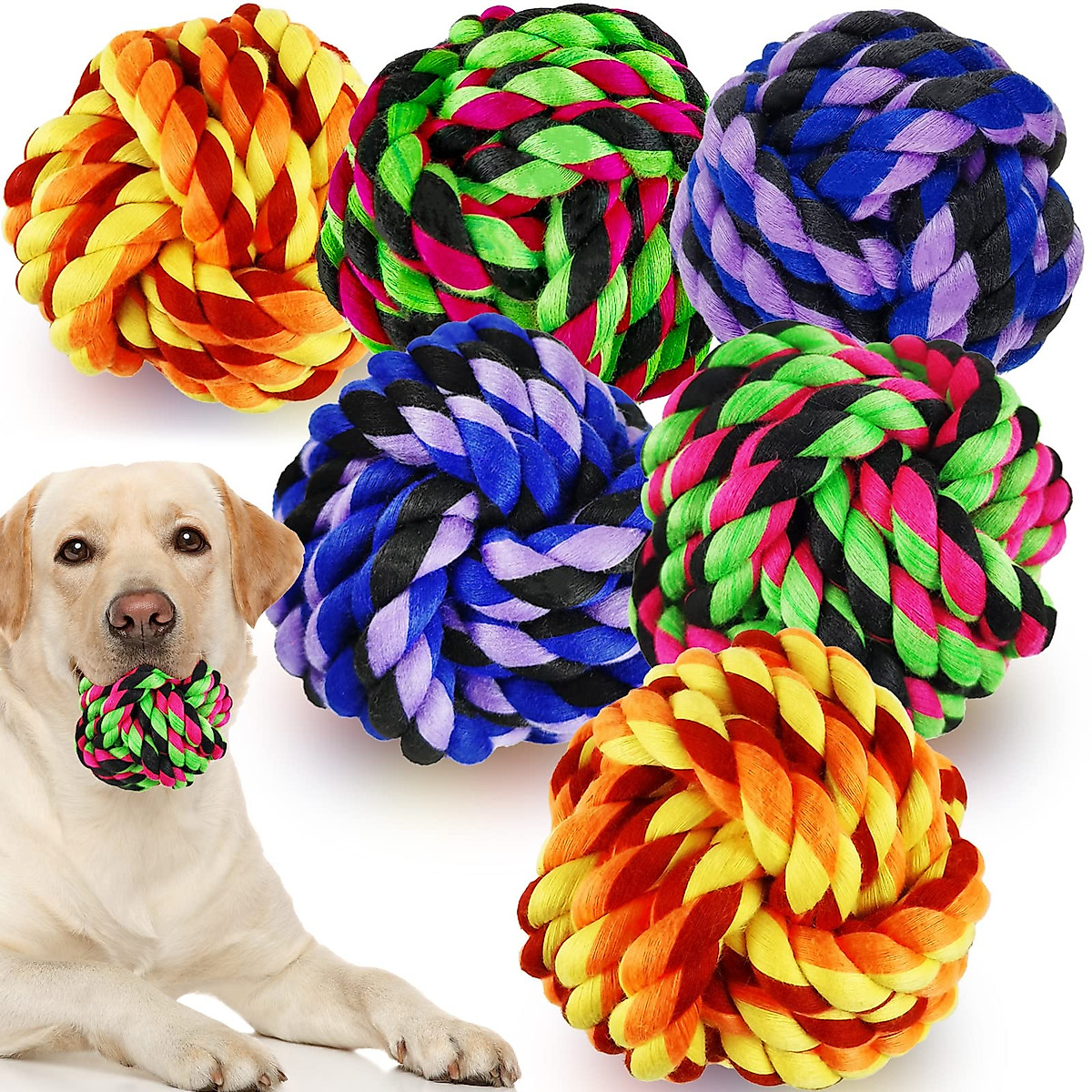 LosFong Large Dog Chew Toys for Aggressive Chewers, 6 Pack Almost Indestructible Dog Balls for Large Dogs, Heavy Duty Dental Cotton Dog Rope Toy for Medium Dogs, Puppy Teething Chew Toys