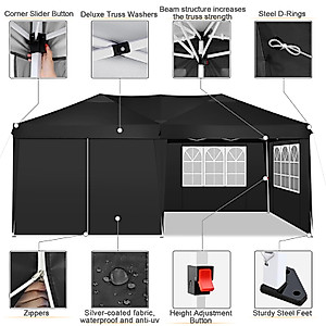 COBIZI 10x20 Pop up Canopy Tent with 6 Sidewalls, Waterproof Portable Outdoor Canopy 10x20 Ez up Instant Shelter Tent for Parties, Wedding, Backyard, Carport with Carry Bag, Stakes, Ropes, Black
