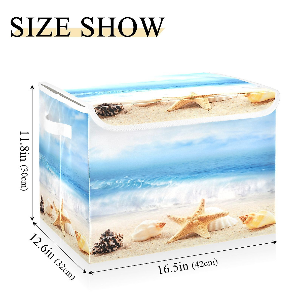 DIGTIA Storage Bins with Lids Beach Theme Seashell Foldable Storage Boxes with Handles Starfish Ocean Wave Large Storage Basket Collapsible Organizer Containers for Closet Home Bedroom Office