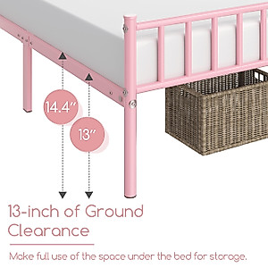 Yaheetech Twin Size Bed Frame Metal Platform Bed Frame Mattress Foundation with Spindle Headboard & Footboard/No Box Spring Needed/14 Inch Underbed Storage/Firm Support & Easy Set up Structure, Pink