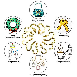 LANSEYQO Mini Ceiling Screw Hooks, 50 Pcs (1/2 inch) Hanging Cup Hooks Brass Plated Screw-in Hooks for Hanging Plants Mug Arts Decorations, Gold