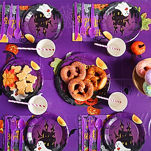 Pajean 277 PCS Halloween Party Supplies Full Set Halloween Happy Birthday Decoration Backdrop Balloons Disposable Plates Tablecloth for Halloween Home Decor and Tableware, Serves 24