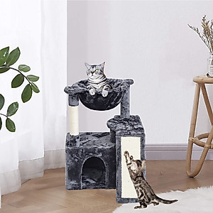 SYANDLVY 23.62" Cat Tree for Indoor Large Cats, Cat Tower with Scratching Posts, Modern Cat Bed Furniture with Condo & Basket (Scratching Board-Smoky Grey)