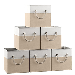 Ornavo Home Foldable Collapsible Storage Box Bins Linen Fabric Shelf Basket Cube Organizer with Rope Handles - Set of 6 - 13 x 13 x 13 - White/ Khaki