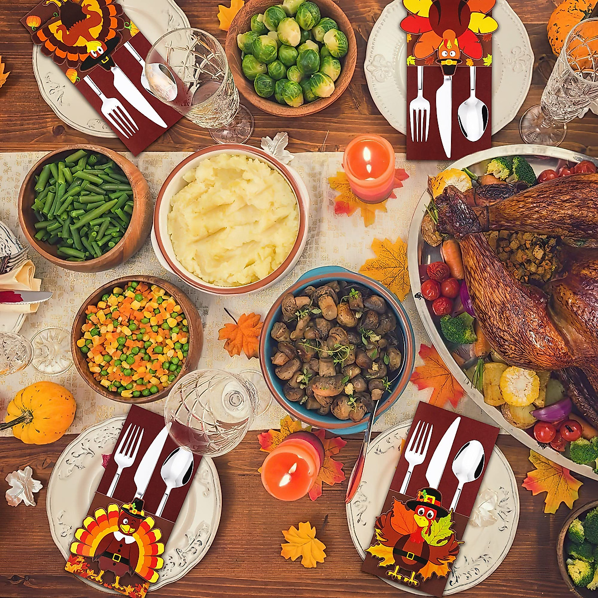 Fall Thanksgiving Cutlery Holder Set, 24 Pcs Thanksgiving Turkey Utensil Decor, Fall Harvest Dinner Table Decoration Family Gathering Party Supplies