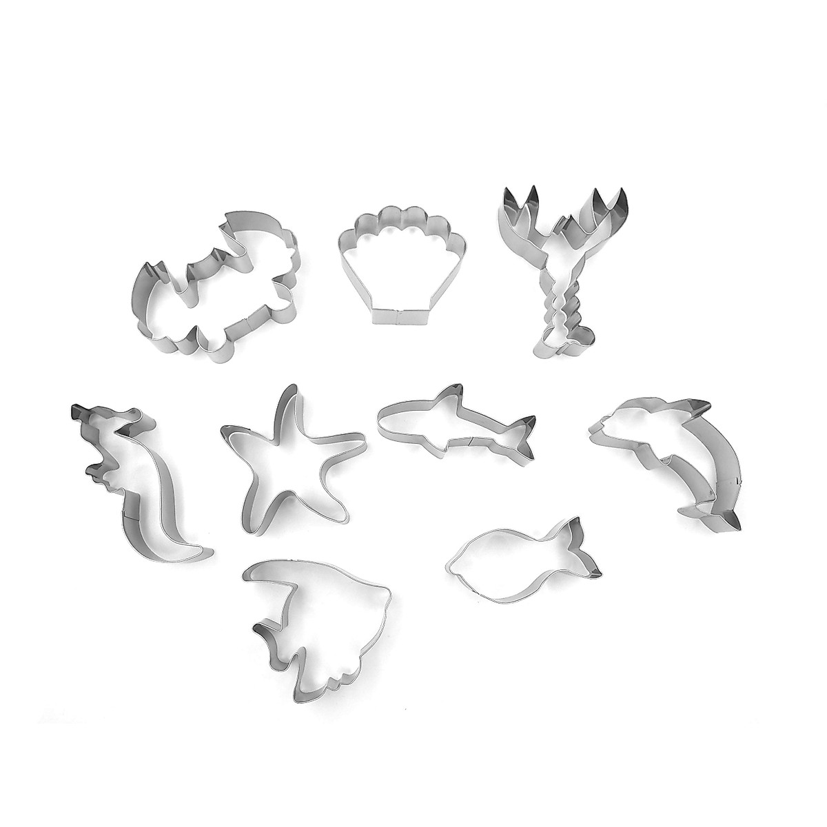 JOKUMO Sea Creatures Cookie Cutters Set – 9PC High Grade 430 Stainless Steel –Fish, Dolphin, Crab, Starfish, Shark, Sea Horse, Lobster, Angel fish, Shell